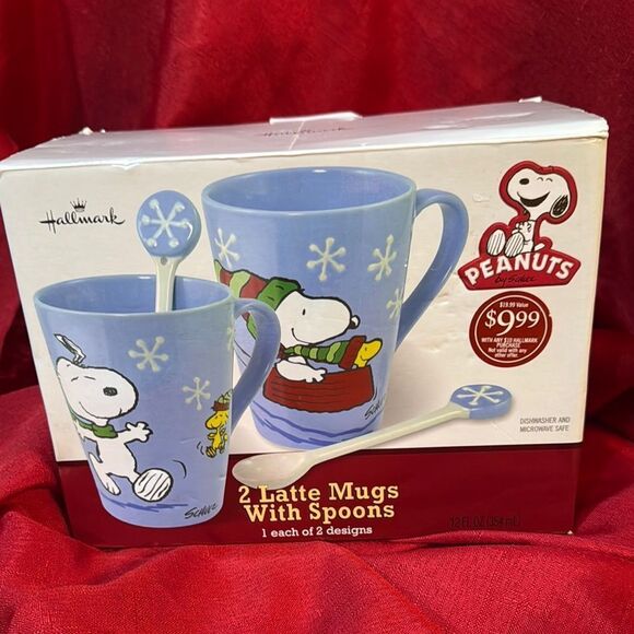 Hallmark | Dining | Hallmark Peanutsblue Latte Mugs With Spoons | Poshmark
